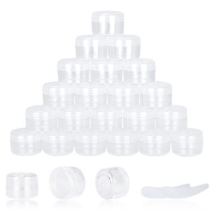 25pcs 5 gram sample containers, 5ml empty jars with lids, small cosmetic containers, mini sample jars with 2pcs mini spatulas for make up, oils, lotion, powder, paint, jewelry, lip balms(clear lid)