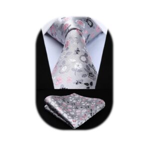 hisdern check floral dot tie handkerchief wedding party woven classic men's necktie & pocket square set,gray & pink,one size