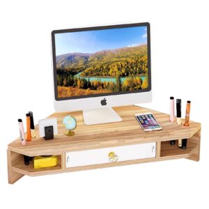 triangle monitor riser,corner computer monitor stand with drawer,wooden triangle save space desktop computer stand with office organization,desktop corner shelf with drawers wooden laptop stand riser