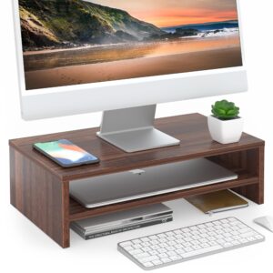 fitueyes monitor stand - 2 tier computer monitor riser with 16.7 inch shelf, wood desktop stand for laptop computer screen, desk organization, office supplies