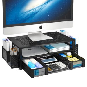 simple trending 2 tier metal monitor stand monitor riser and computer desk organizer with drawer and pen holder for laptop, computer, imac, black