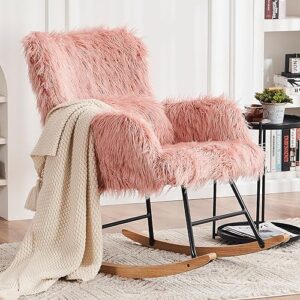 nioiikit nursery rocking chair, faux fur upholstered glider rocker with lumbar pillow, high backrest rocking accent chair, comfy armchair for living room, bedroom, office (pink)