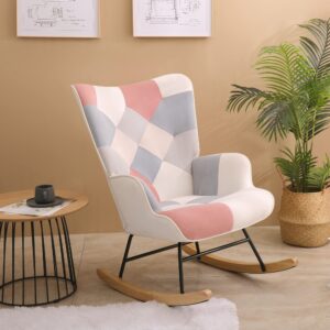 kgopk accent rocking chair, mid century fabric rocker recliner chairs with wood legs and patchwork linen for livingroom bedroom, pink