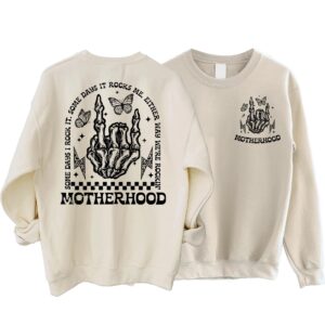 motherhood some days i rock it some days it rocks me sweatshirt 2 side, retro rock funny mom sweater m sand