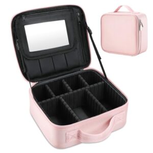 drowin pink makeup bag with mirror, makeup bags for women, travel makeup train case, makeup organizer bag, adjustable dividers & support straps, portable storage bag for makeup brushes toiletry