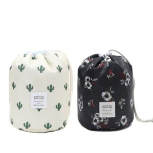 upone barrel makeup bags, travel large capacity waterproof portable fashion drawstring cosmetic toiletry bag(bag only), pack of 2 (flower + cactus)