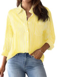 aisew womens button down shirts striped classic long sleeve collared office work blouses tops with pocket (yellow, 7002l)