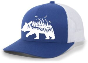 heritage pride mens bear hat embroidered bear mountain forest tamarack mens mesh back trucker hat baseball cap-royal/white