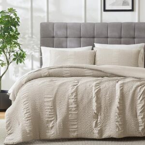 palassio seersucker beige king size comforter set, 3 pieces soft washed microfiber tan with 2 pillow cases, cream fluffy down alternative bedding for all season 104x90 inches