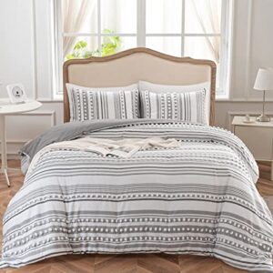 sleepbella boho king size comforter set, grey and white tufted ball pom striped design, fluffy king bed comforter for all seasons, farmhouse bedding 3pcs （1 comforter with 2 pillowcases）