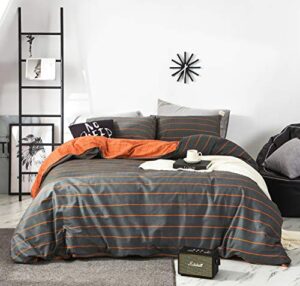 yuheguoji grey striped duvet cover queen 100% cotton orange plaid duvet cover 3 pcs set 1 reversible gingham duvet cover with zipper ties 2 pillowcases neutral modern gray geometric bedding