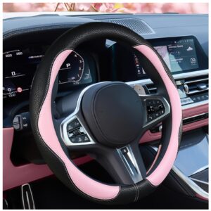 superkaka car steering wheel cover 2025, universal auto pu cute breathable slip-proof comfort imitation leather protector cars interior accessories for women men fit most vehicle (pink)