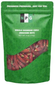 npg sichuan red chili peppers 4 ounces, medium hot, capsicum annuum used in mexican, chinese, thai dishes, premium szechuan dried red chilies for chili oil, paste, and sauce