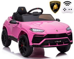 rock wheels licensed lamborghini urus ride on truck car toy, 12v battery powered electric 4 wheels kids toys w/parent remote control, foot pedal, music, aux, led headlights, 2 speeds (pink)