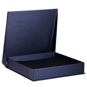 necklace/earrings/ring box, (multipule slits for all at once) - navy blue colored - silk brushed cardboard paper jewelry gift box with elite modern angled closure, velvet topped foam interior