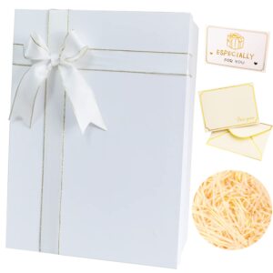 mygogoart large white gift box 13 x 10 x 5 inches with lid, ribbon bow, shredded raffia paper fill, greeting card and envelope for wedding birthday valentines bridal gifts (1 pack, white)