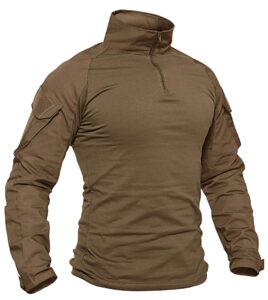 tacvasen combat shirt for men long sleeve tactical shirt 1/4 zip with pockets military pullover ripstop army training security paintball brown m