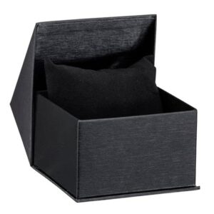 allurepack watch/bangle box with pillow - black colored - silk brushed cardboard paper jewelry gift box with elite modern angled closure, velvet topped foam interior.