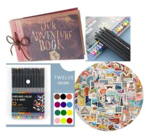 our adventure scrapbook kit – includes 40 pgs of brown cardstock, 12pc fineliner pen set & 100 pc travel stickers - gift ideas (wedding, birthday, traveler) – hard cover – thick paper. versatile