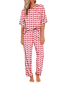 ekouaer happy valentines day outfit womens pajama sets silk pj set short sleeve satin silky pajama set ladies pajamas pyjamas pants set soft loungewear set valentines day gifts red heart s