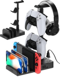 kafri universal stand for headphone and controller, desk gaming headset holder with usb a&c chargers and 2 outlets, storage organizer for switch/phone/ipad, desktop gamer accessories boyfriend gifts