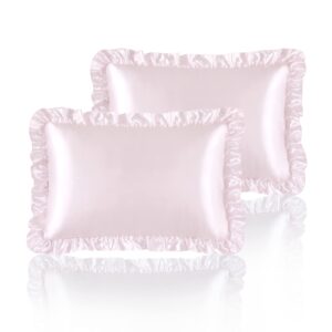 hommxjf silky pink satin ruffled pillow cases for hair and skin,blush pink silk pillowcases standard set of 2 with envelope closure princess room decoration