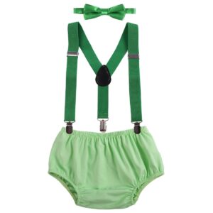 baby boys cake smash clothes diaper suspenders pants bow tie 3pcs set first 1st 2nd birthday outfit for photo prop party light green + dark green 3-24 months