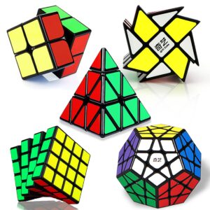 roxenda speed cube set, speed cube bundle of 2x2 4x4 megaminx windmill cube and pyramid cube smoothly magic cubes collection for kids & adults [5 pack] (black)