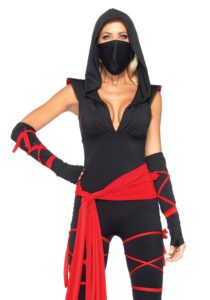 leg avenue 4 piece deadly ninja set – hooded v neck jumpsuit and mask halloween costume for women, black/red, large