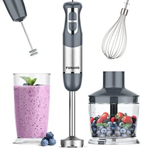 funavo.vo immersion blender, 800w 5-in-1 hand blender 12 speed 304 stainless steel stick blender with turbo mode, 600ml beaker, 500ml chopping bowl, whisk, milk frother, bpa-free(grey)