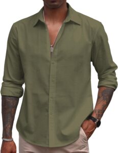 coofandy men's linen button down long sleeve shirts casual summer solid oxford dress shirt armygreen