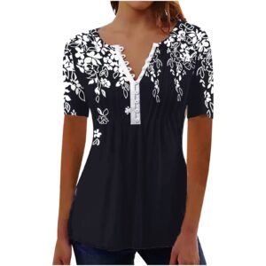 womens tunic tops trendy vintage boho shirts short sleeve notch v neck t-shirt 2023 casual summer blouse empire waist black l