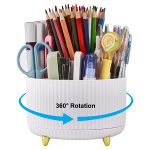 xhehoy pencil pen holder for desk, 360 degree rotating desk organizers with 5 slots, cute pen cup for office, school, home and art supply, desktop storage stationery supplies organizer, white