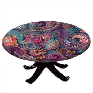 vbtgve round fitted mandala bohemiantablecloth, paisley purple floral boho colorful, elastic edge, for dining tables, buffet parties and camping, fit for 48" table, purple 02