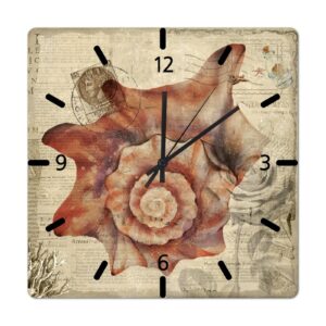 old newspaper hanging clock 12in vintage conch shell wooden clock ocean nautical art quartz analog battery operated nature wall decor for farmhouse home dining room homeschool travel trailer