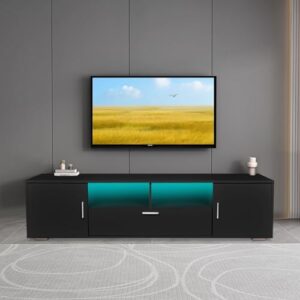 63 inch led tv stand with drawers,modern entertainment center for tvs up to 75’’,rgb color changing high gloss tv stand,wood tv console cabinet for gaming living room bedroom and office black