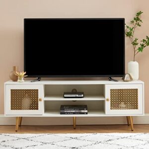 jyed decor antique white mid century tv stand with metal mesh doors and open shelving, media console for tv up to 65 inches, entertainment center for living room, bedroom