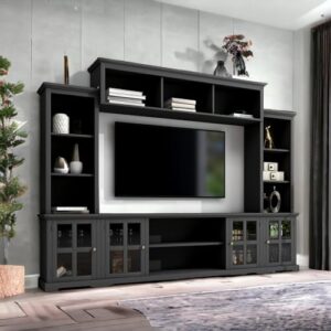 mid-century entertainment wall unit for living room with storage bridge, tv stand for 60 65 inch tvs, wood tv media console table with shelves, gaming entertainment center with bookshelves, black