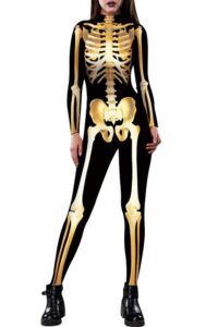 uideazone halloween costume for women golden skeleton skull cosplay jumpsuit bodysuit long sleeve skinny outfits