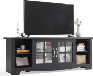 linsy home farmhouse tv stand for 65 inch tv, wood entertainment center with glass door storage cabinet & adjustable shelves, sturdy tv console table for living room bedroom, black