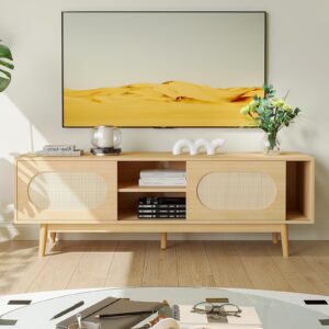 vowner farmhouse rattan tv stand for 55/60/65 inch tv, modern entertainment center with natural rattan door and 2 open shelves, tv console table for living room, wood color