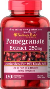 puritan's pride premium pomegranate extract 250mg, dietary supplement for antioxidant health and healthy aging program, 40% ellagic acid,120 rapid release capsules (packaging may vary)