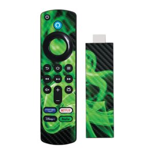 mightyskins carbon fiber skin compatible with amazon fire tv stick 4k max - green flames | protective, durable textured carbon fiber finish | easy to apply and change styles | made in the usa