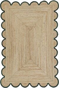 the pikku international - handmade jute rug beige with scallop green border rectangle hand woven farmhouse jute area rug (7 x 11 ft)