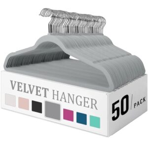 premium velvet hangers 50 pack, heavy duty study gray hangers for coats, pants & dress clothes - non slip clothes hanger set - space saving felt hangers for clothing