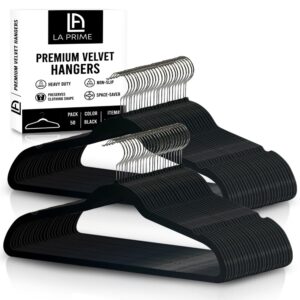 la prime premium black velvet hangers 50 pack, 360 degree rotating hook, space saving, heavy duty, non slip, no hanger marks, coat hanger for closet, clothes hangers, ganchos para colgar ropa