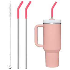 bluwing 2 pcs stainless steel straws for 40 oz stanley tumbler, replacement 40 oz stanley cup straw accessories with silicone tips and cleaning brush (pink dusk)