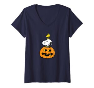 womens peanuts - halloween - snoopy woodstock pumpkin v-neck t-shirt