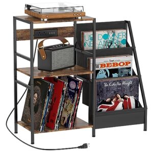 record player stand vinyl record storage cabinet end table with charging station 3 tier vinyl record stand with storage shelf turntable stand for record, vinyl record holder up to 200 albums, brown