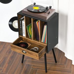 record player stand, turntable stand with 4 cabinet and drawer, mid-century modern vinyl record storage stand with wood legs, vinyl storage 140 lps, record player table for living room bedroom